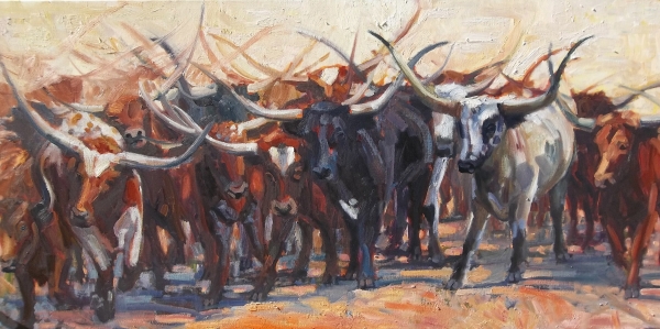 Horns on the Hoof by Susan Bell | Western | 12" x 24" | Oil